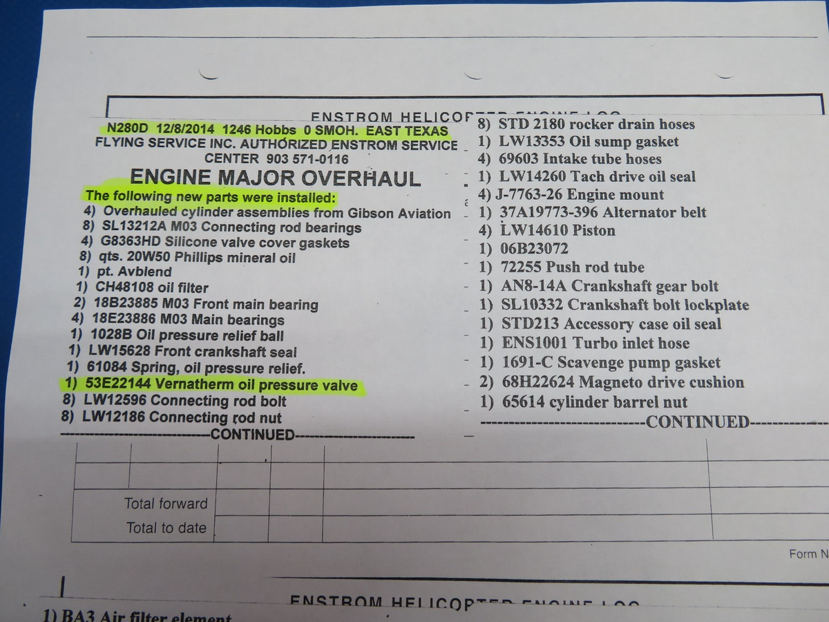 Lycoming HIO360 Vernatherm Valve P/N 53E22144 WARRANTY 300.7 TSN (0625 ...