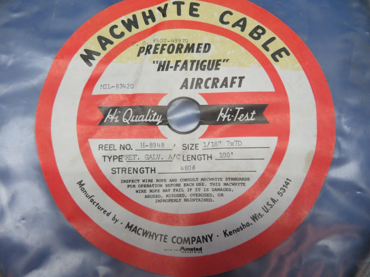 1/16" 7x7 Aircraft Control Cable MIL-83420 / 100' length NOS (0923-656 ...